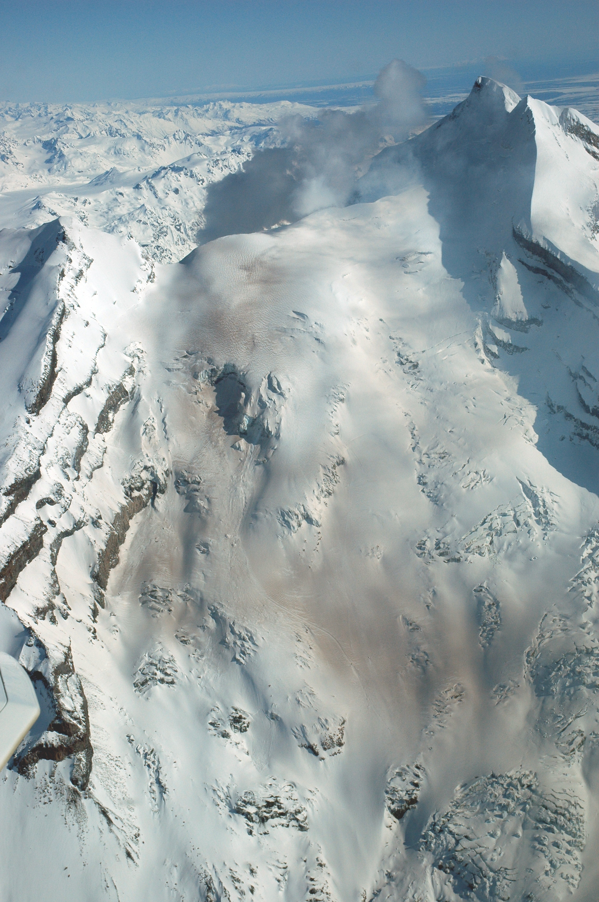 Redoubt Volcano, southwest flank, Crescent Glacier. Steam/gas plume ...