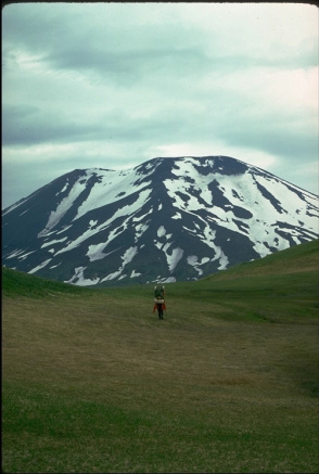 View looking north of Korovin Volcano on Atka Island. Geologist Bruce ...