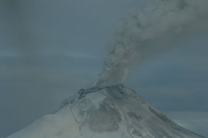 Augustine Volcano steam and ash plume. A light dusting of ash is ...