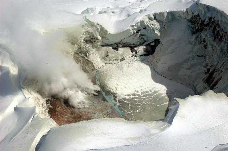 Ice cauldron and fumaroles at Mt. Spurr. Note that the lake is now ...