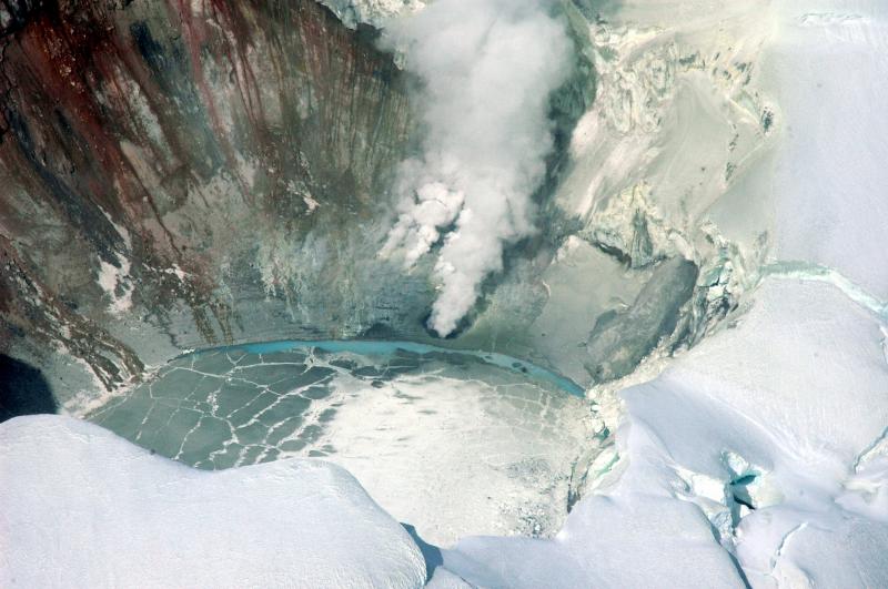 Ice cauldron and fumaroles at Mt. Spurr. Note that the lake is now ...