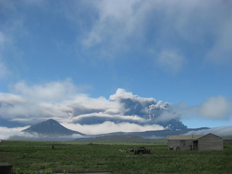 Eruption plume from Okmok volcano, August 3 2008. This photo was taken ...