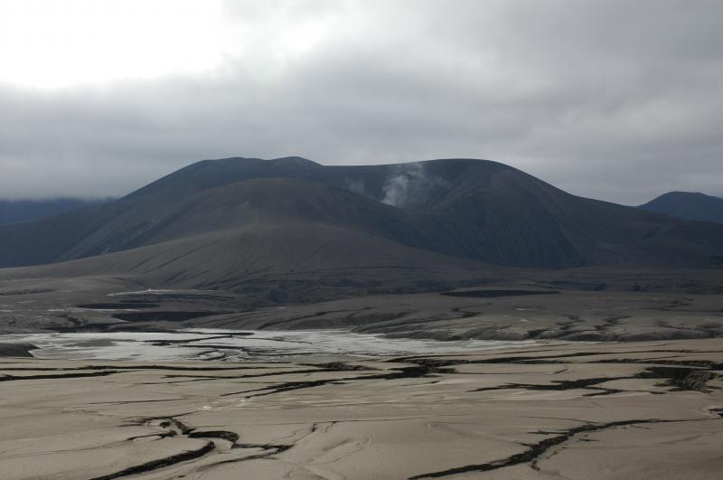 Our first view in 2008 of the quiet, post-eruptive new tephra cone ...