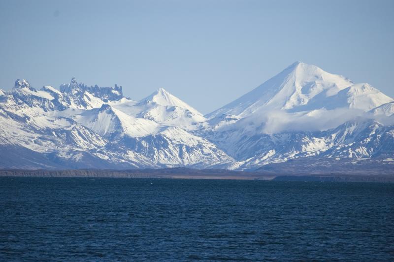 Pavlof (right) and the adjacent Aghileen Pinnancles (left). View is ...
