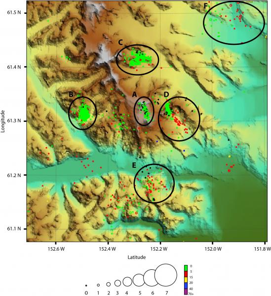 Map showing location of clusters of seismicity near Mount Spurr in 2016 ...