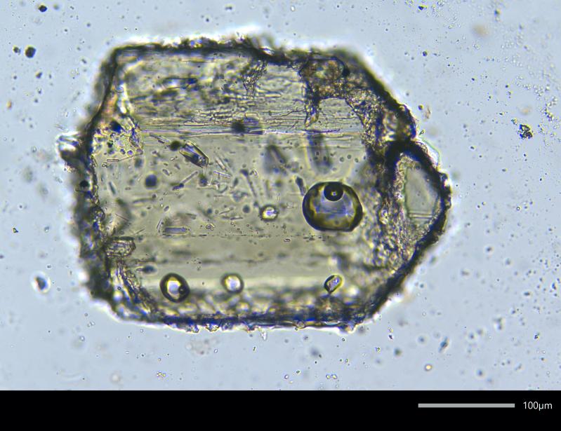 This photomicrograph shows a single green pyroxene crystal from tephra ...